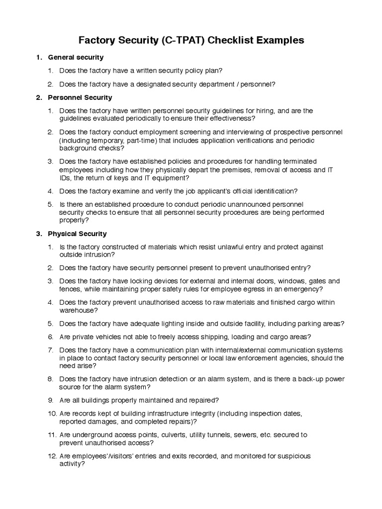 Attachment 1 C-TPAT Checklist | PDF | Physical Security | Security