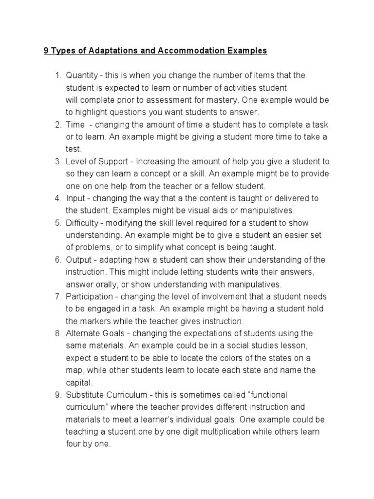 9 Types of Adaptations and Accommodation Examples | PDF | Career & Growth