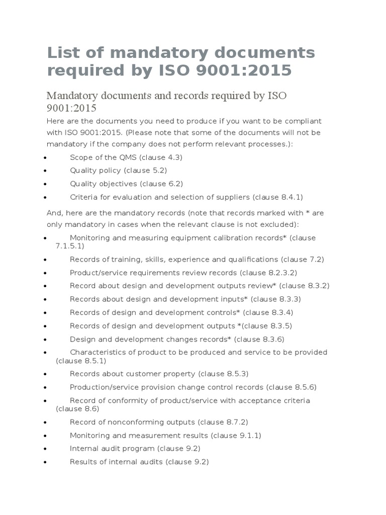 List of Mandatory Documents Required by ISO 9001 | Internal Audit | Audit