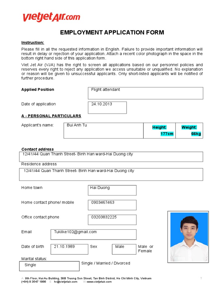 Viet Jet Air Employment Application Form | PDF | Vietnam | Vietnam War