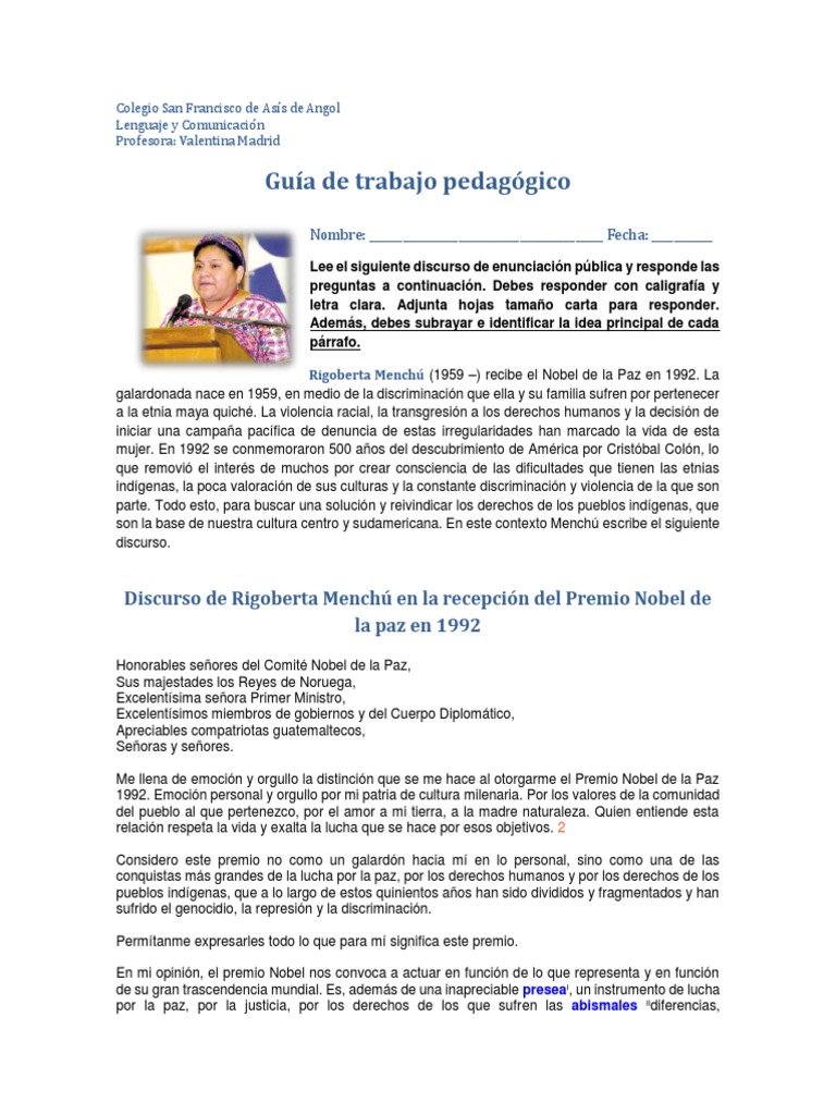 Discurso de Rigoberta Menchú Nobel 1992 | PDF | Civilización maya ...