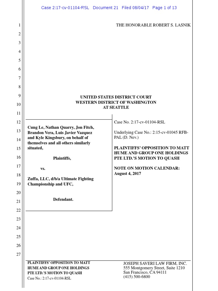 Plaintiffs' Opposition To Motion To Quash Hume Subpoena | PDF ...