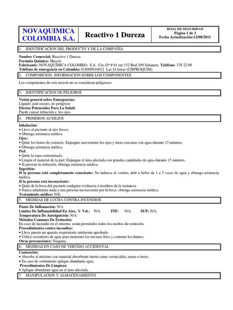 Msds R1 Dureza PDF | PDF | Agua | Calidad (comercial)