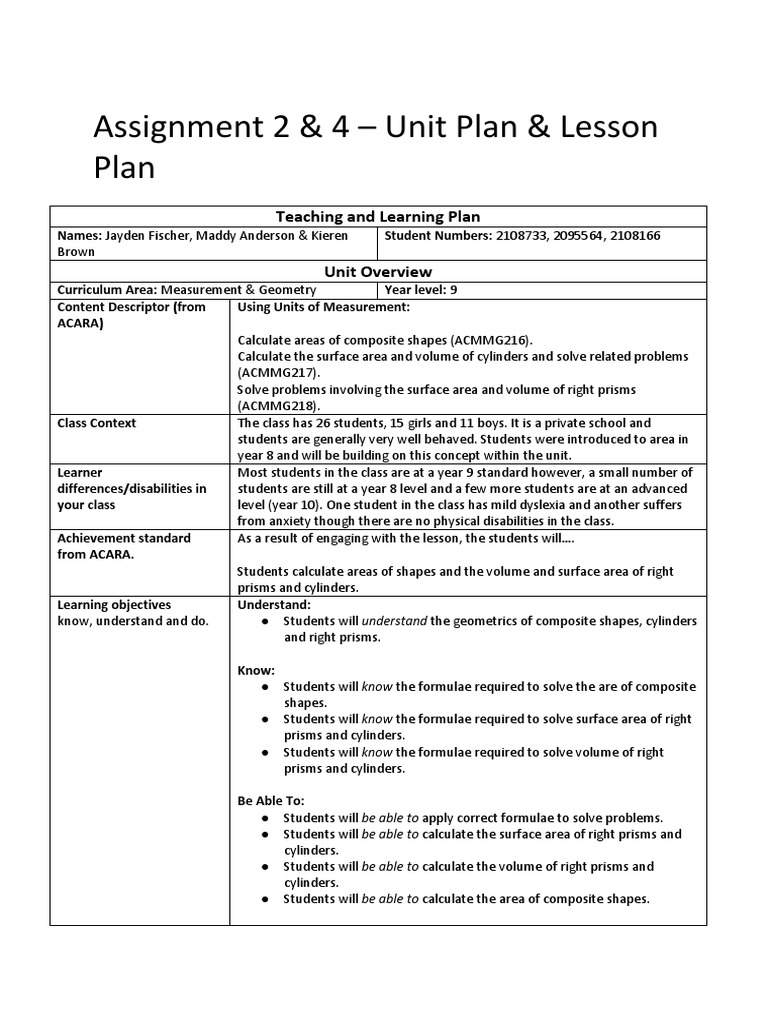 Assignment 2 4 - Unit Plan Lesson Plan | Download Free PDF | Area ...