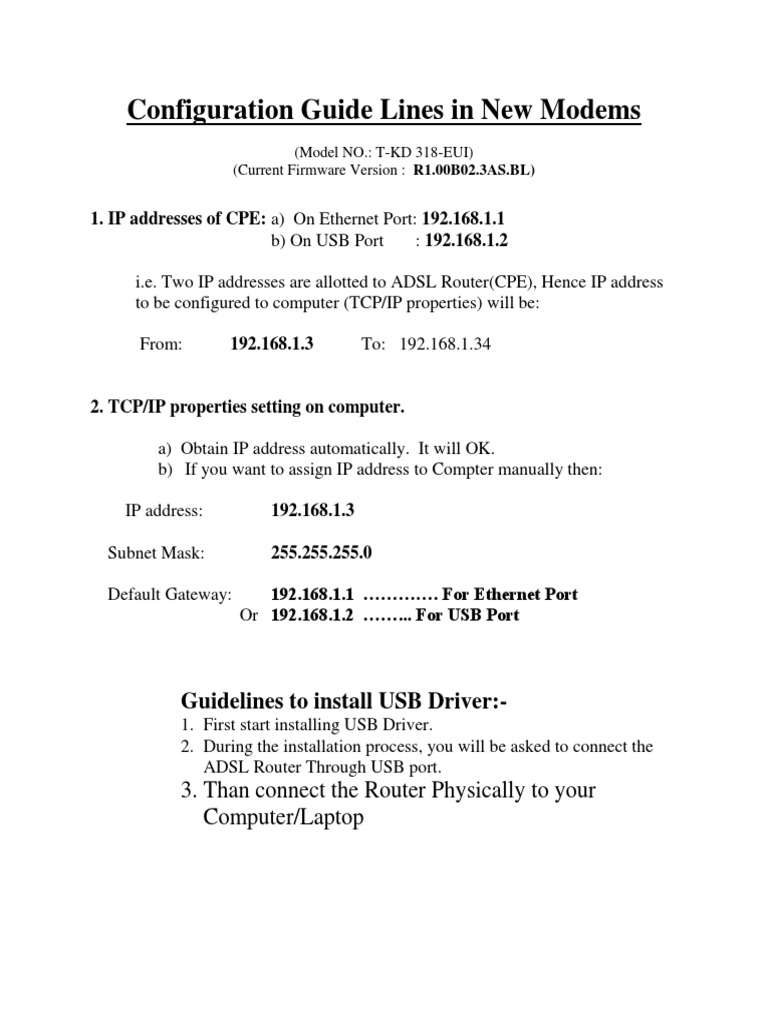 Configuration Guide Lines in New Modems: Guidelines To Install USB ...
