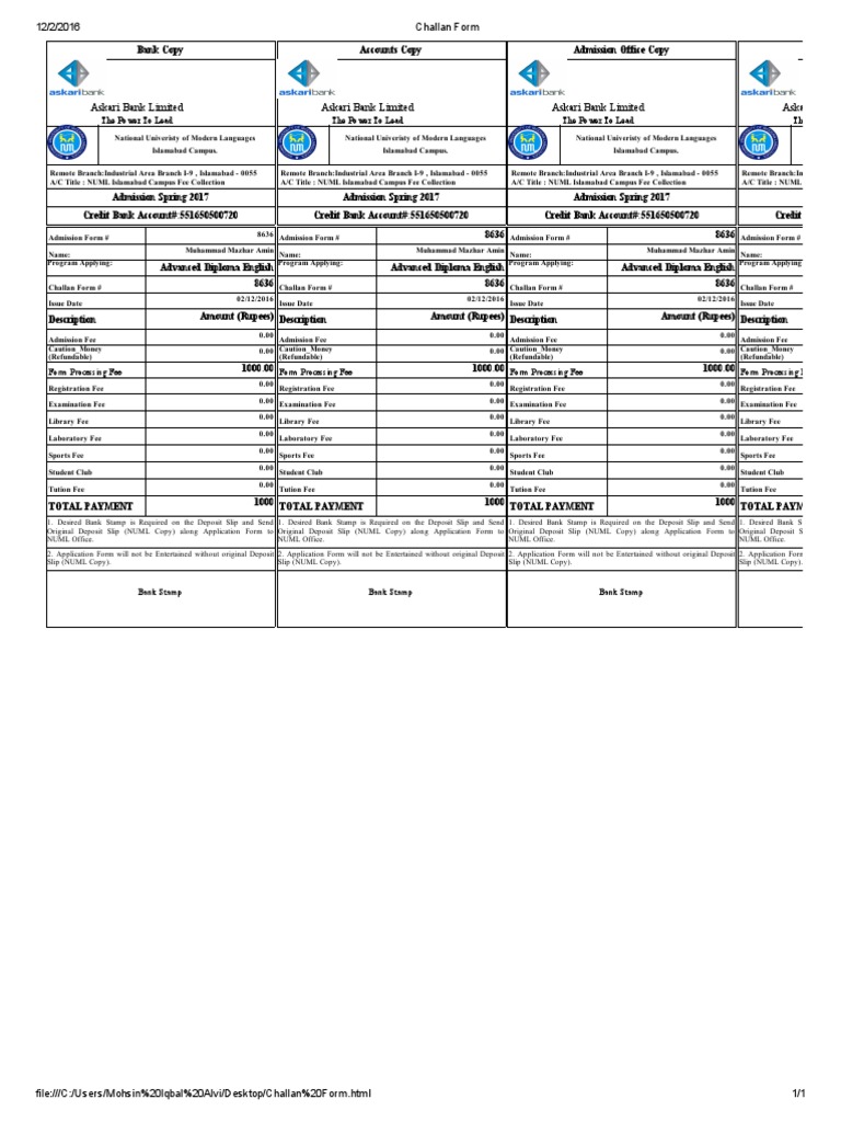 Challan Form | PDF | Fee | Banks