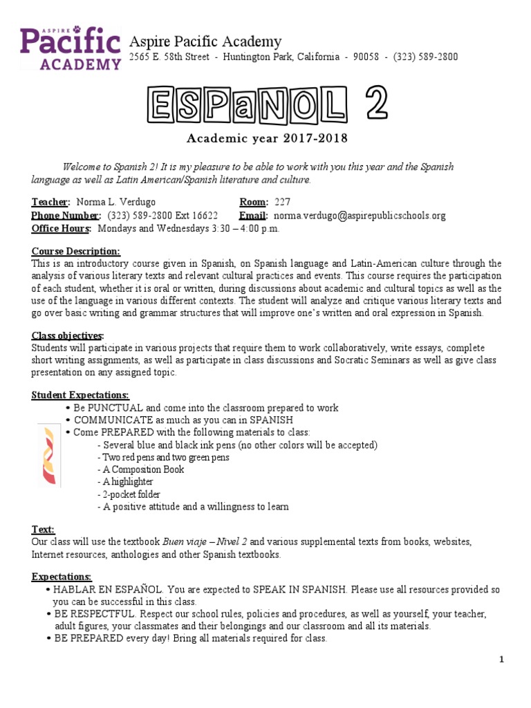 Spanish 2 Course Overview 2017-2018 | PDF | Homework | Communication