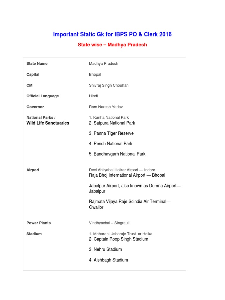 Important Static GK For IBPS PO | PDF | States And Territories Of India