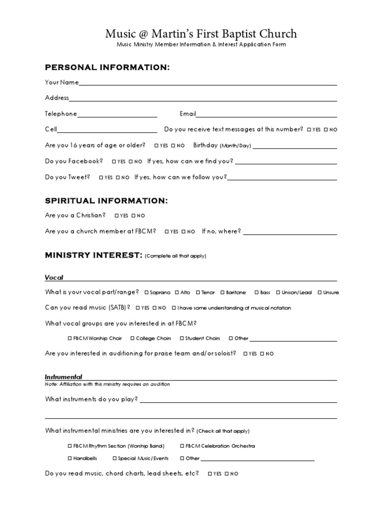 Music Ministry Application Form | PDF | Choir | Audition