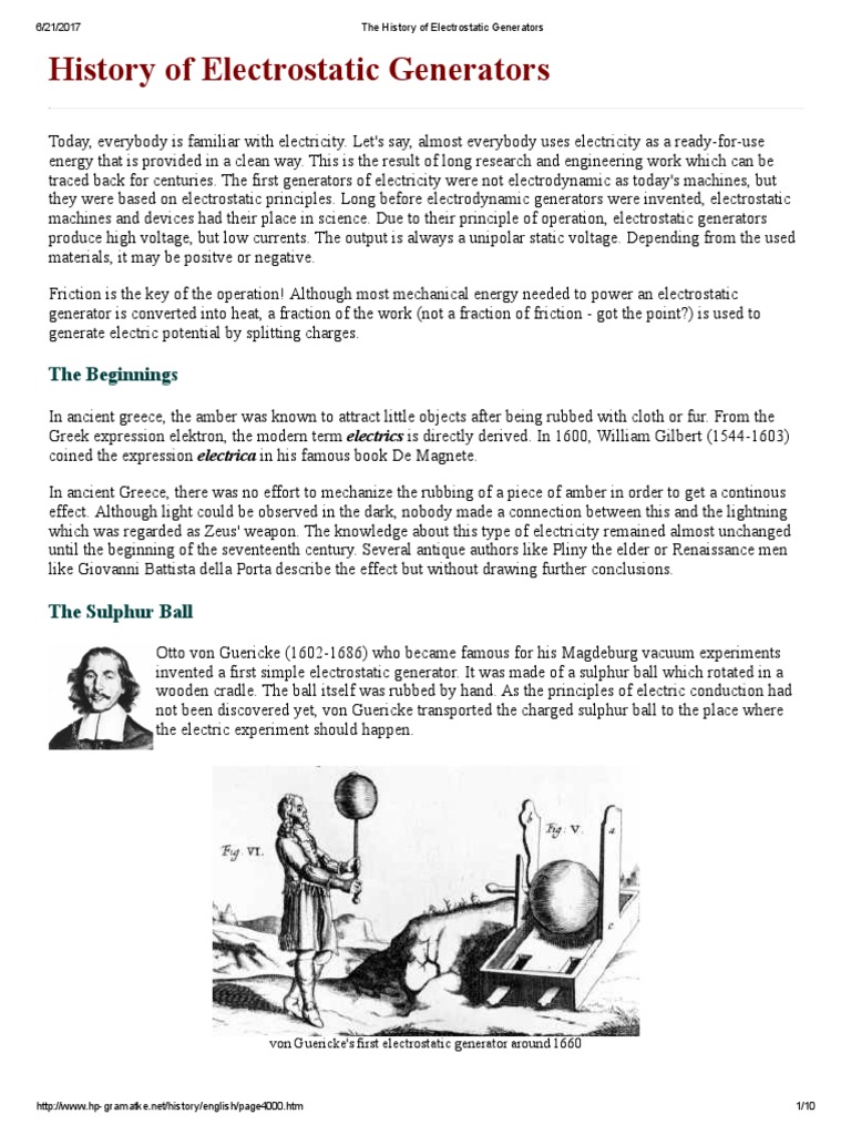 The History of Electrostatic Generators | PDF | Electric Generator ...