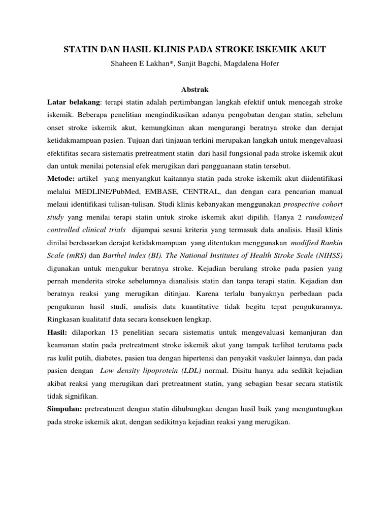 Statin Dan Hasil Klinis Pada Stroke Iskemik Akut | PDF
