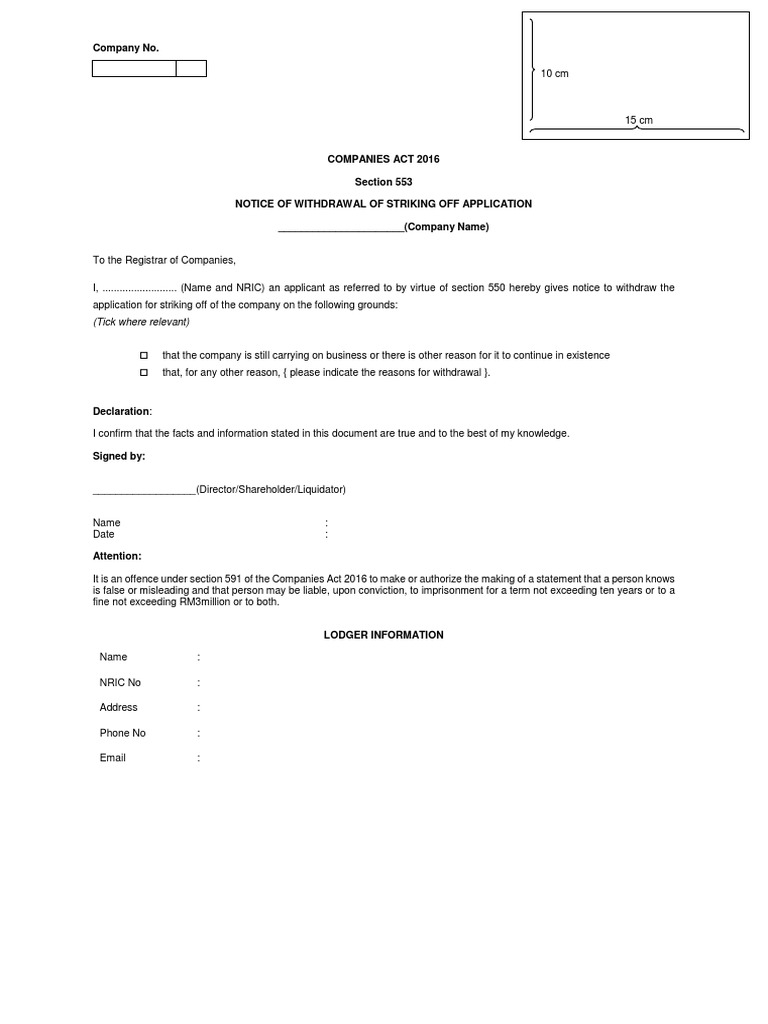 Notice To Withdraw Striking Off Application - Section 553 | PDF ...