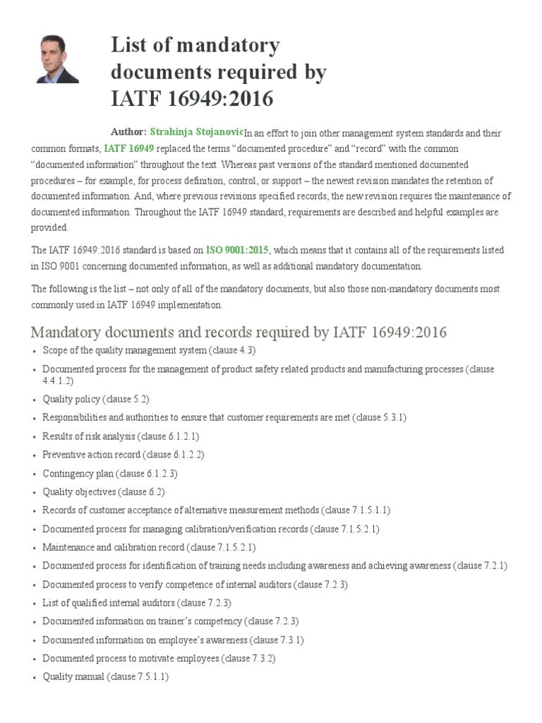 IATF 16949 - 2016 - List of Mandatory Documents | PDF | Audit | Production And Manufacturing