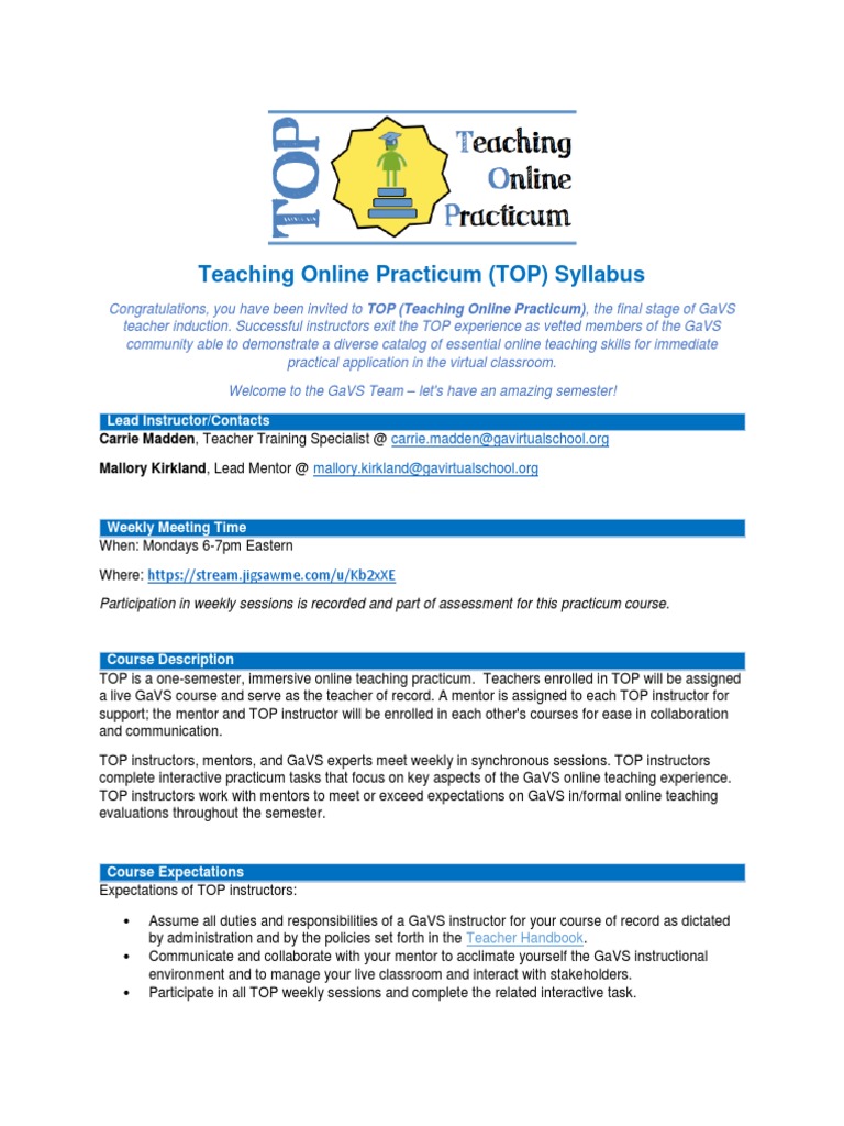 Teaching Online Practicum (TOP) Syllabus: Lead Instructor/Contacts ...