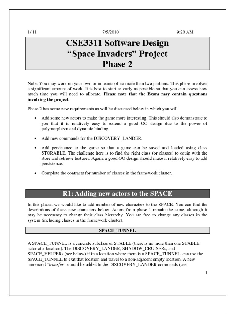 CSE3311 Software Design "Space Invaders" Project Phase 2: R1: Adding ...