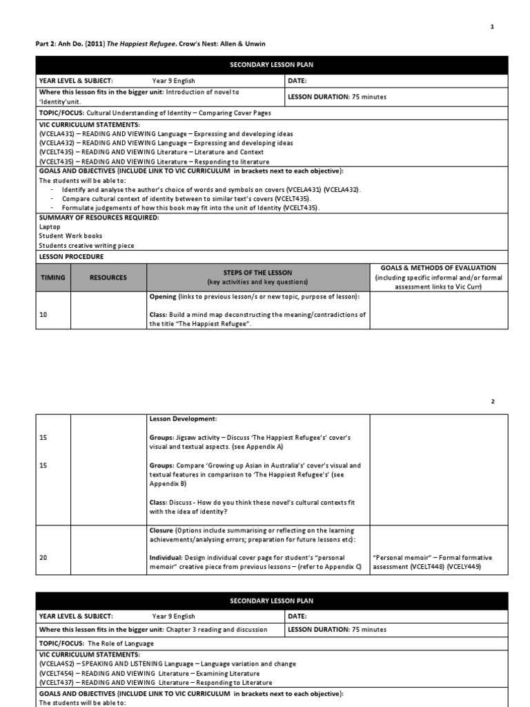 English Year 9 Example | PDF | Educational Assessment | Lesson Plan