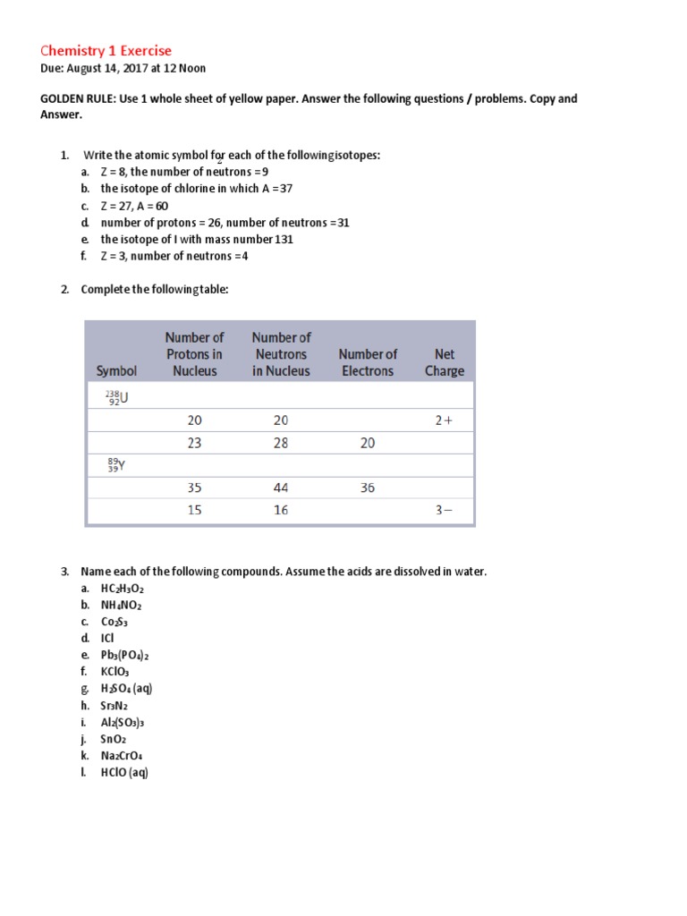 Chemistry 1 Exercise: Atomic Symbols, Isotopes, Naming Compounds ...