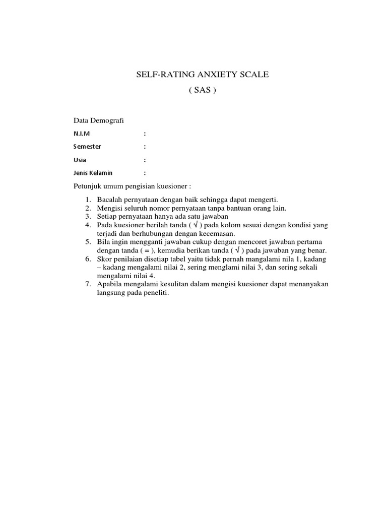Kuesioner Self-Rating Anxiety Scale (Sas) | PDF