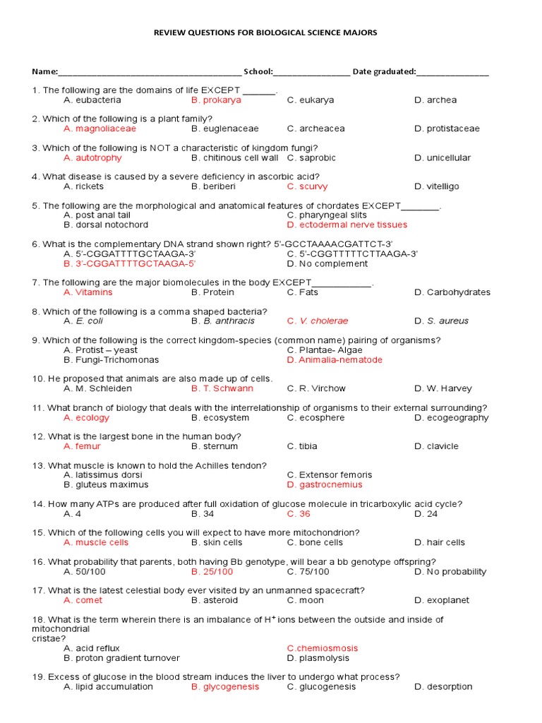 Review Questions For Biological Science Majors | PDF | Eukaryotes ...