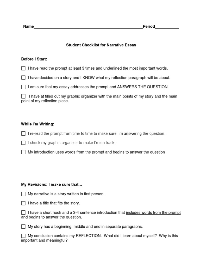 Narrative Essay Writing Checklist | PDF