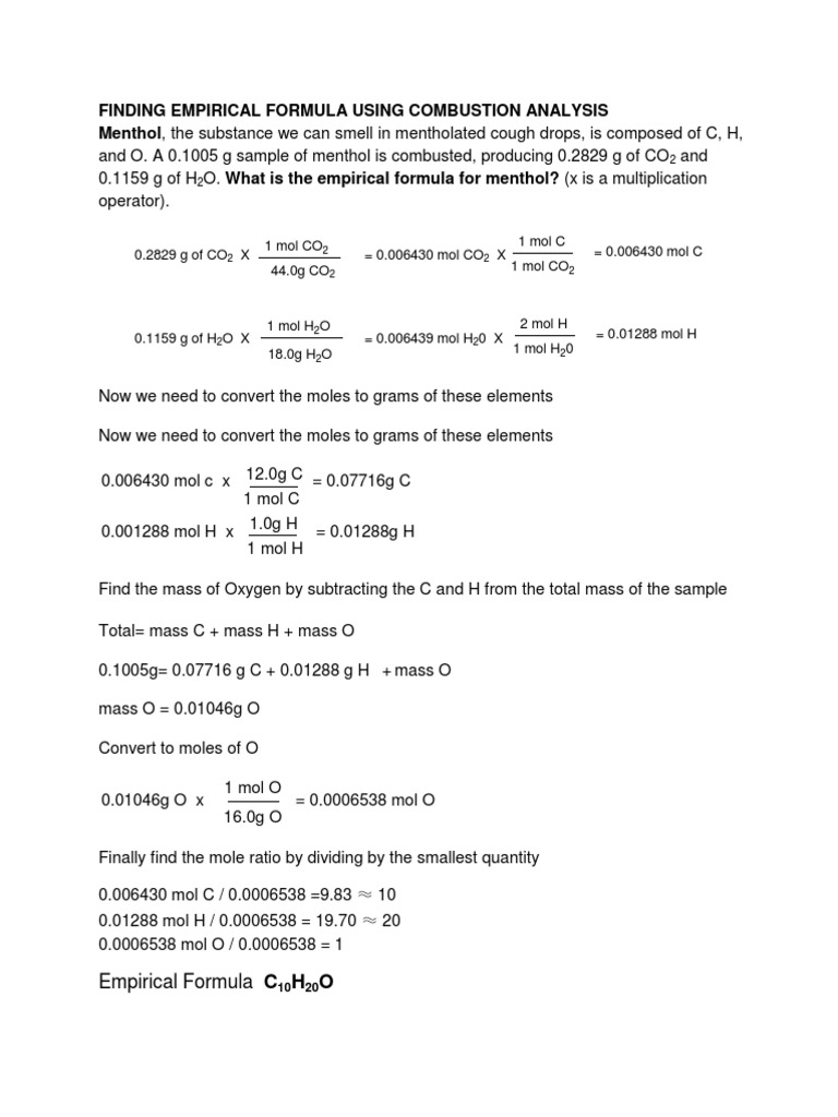 Finding Empirical Formula Using Combustion Analysis Menthol, The ...