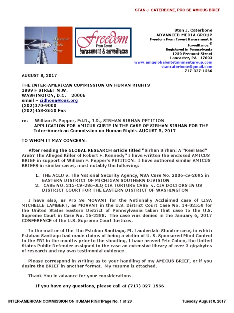 LETTER Re APPLICATION FOR AMICUS CURIE IN THE CASE OF SIRHAN SIRHAN FOR ...