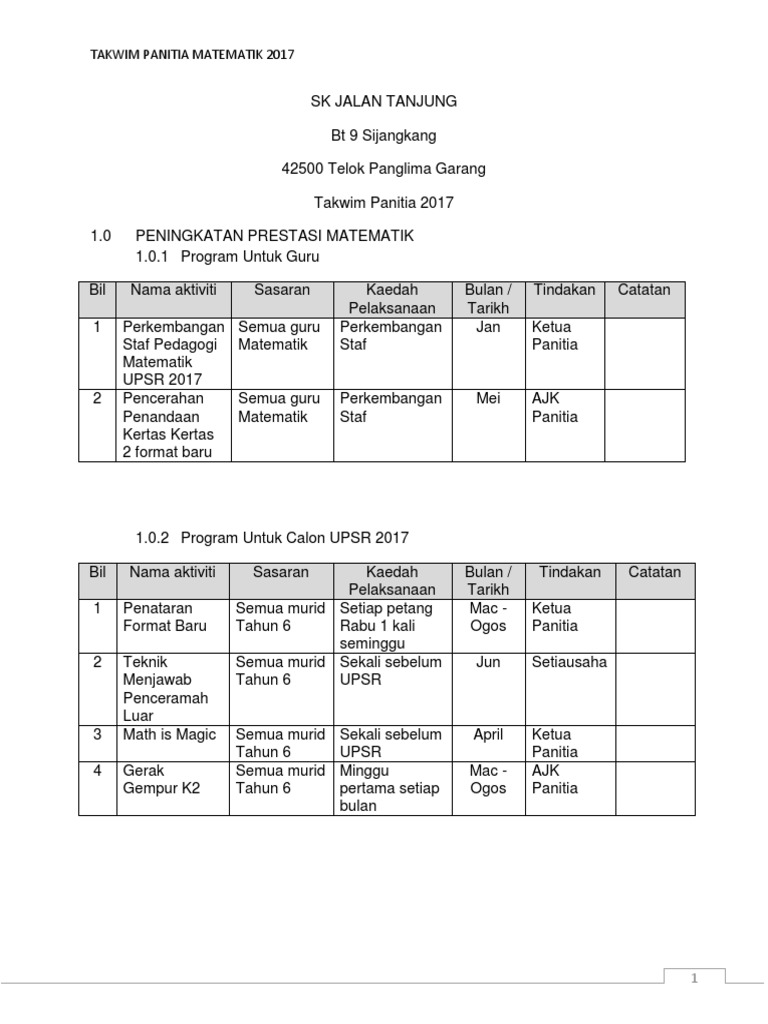 Takwim Panitia 2017 | PDF