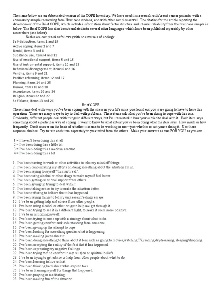 Brief COPE Inventory for Stress Coping Strategies | PDF | Coping ...