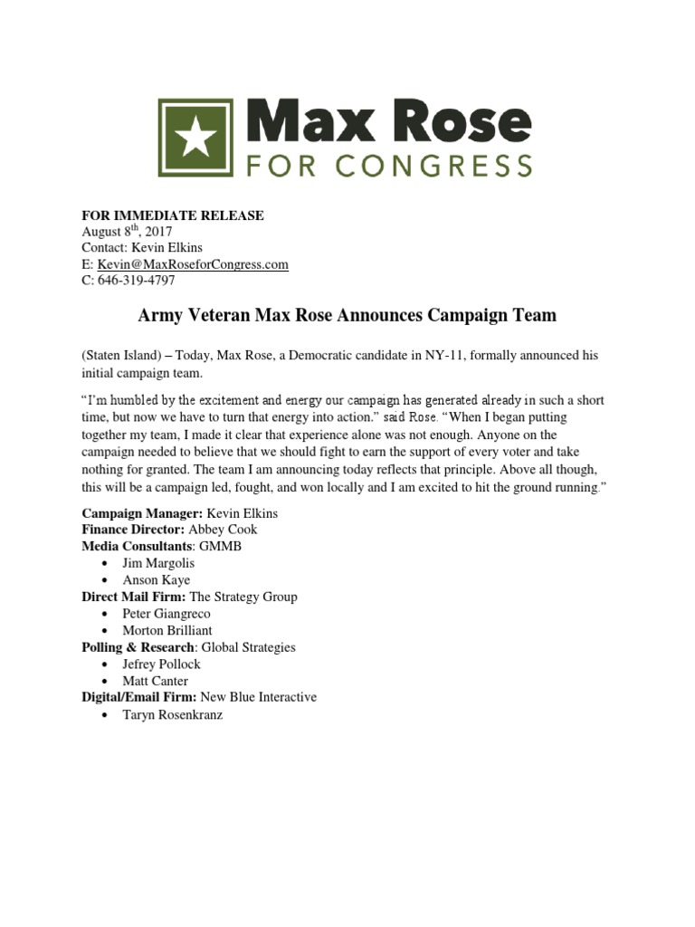 Max Rose Campaign Team Announcement | PDF | United States Congress ...