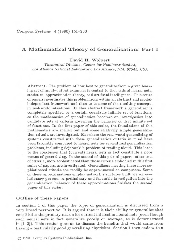 A Mathematical Theory of Generalization: Part I: David H. Wolpert | PDF ...