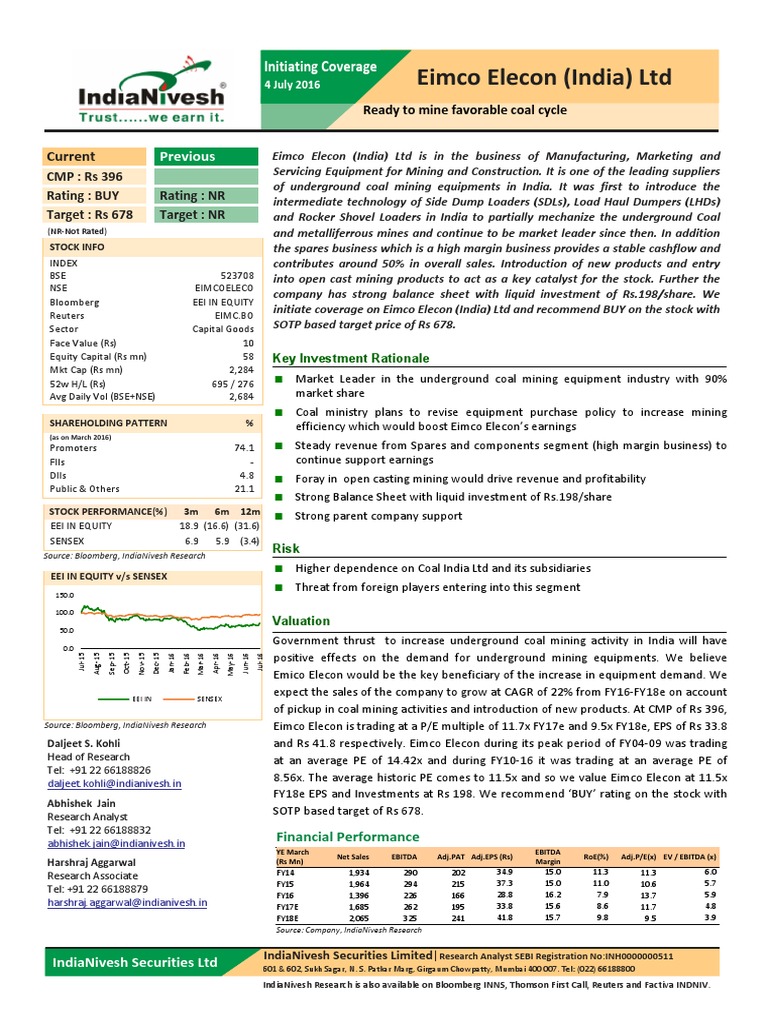 Eimco Elecon Initiating Coverage 04072016 | PDF | Mining | Loader (Equipment)