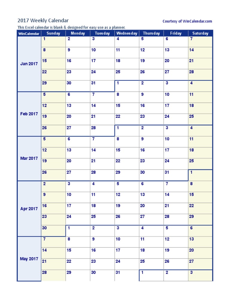 2017 Weekly Calendar: This Excel Calendar Is Blank & Designed For Easy ...