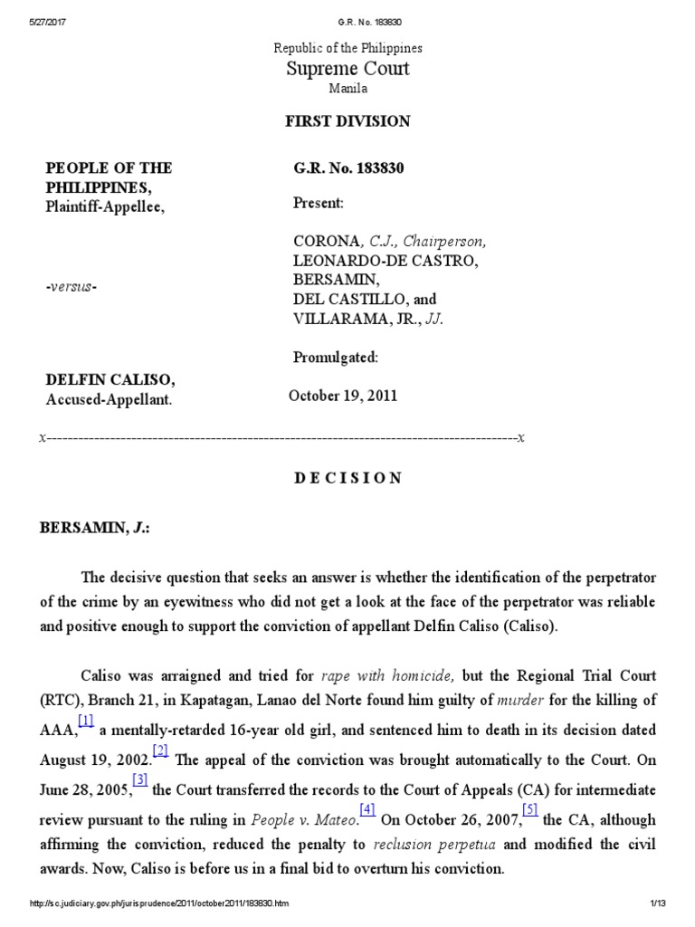 CRIMINAL - People Vs Caliso - Two Types of Positive Identification ...