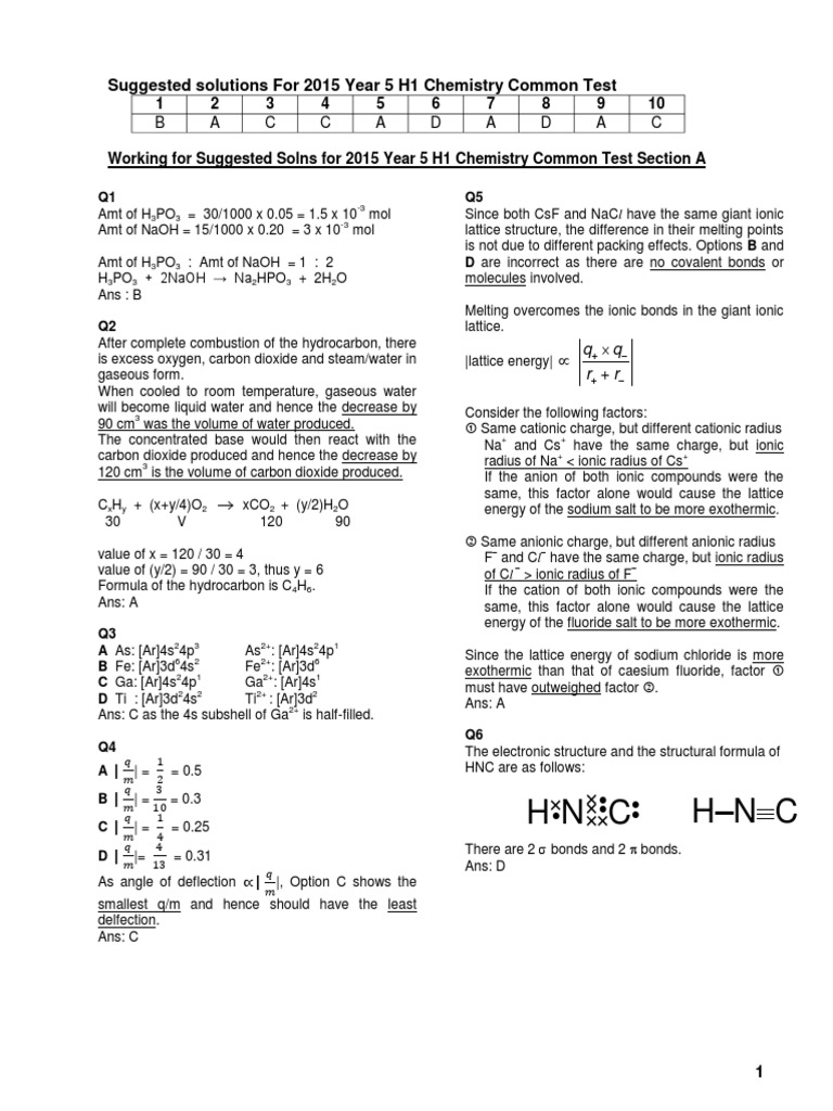 Chemistry Common Test Solutions 2015 | PDF | Ion | Ionic Bonding