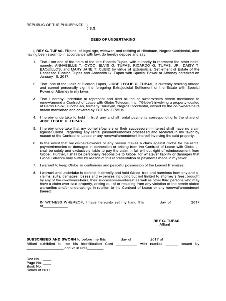 Deed of Undertaking Rey Tupas | PDF | Indemnity | Virtue