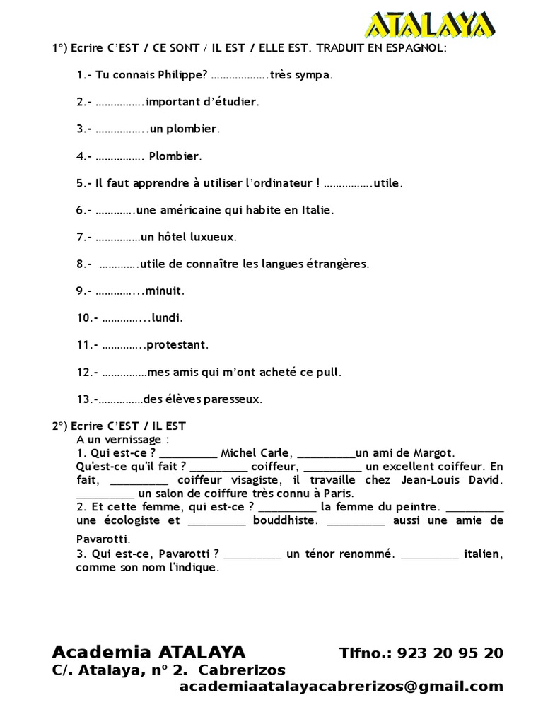 Exercices c'Est, Il Est, Elle Est