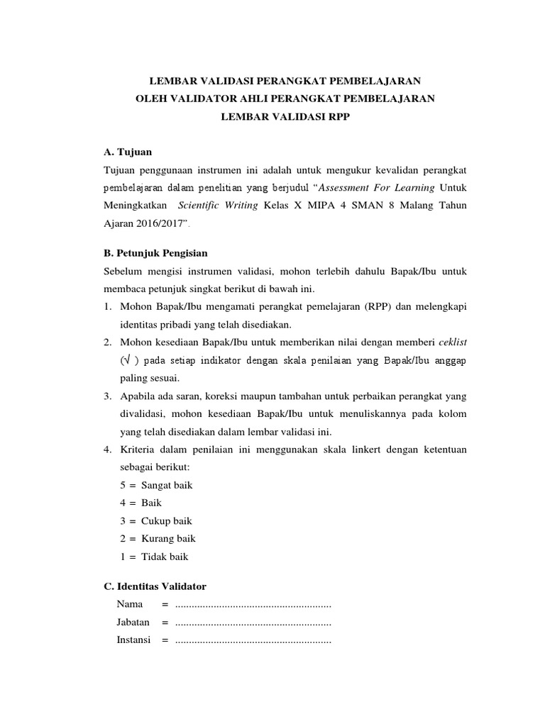 Lembar Validasi Perangkat Pembelajaran Pdf