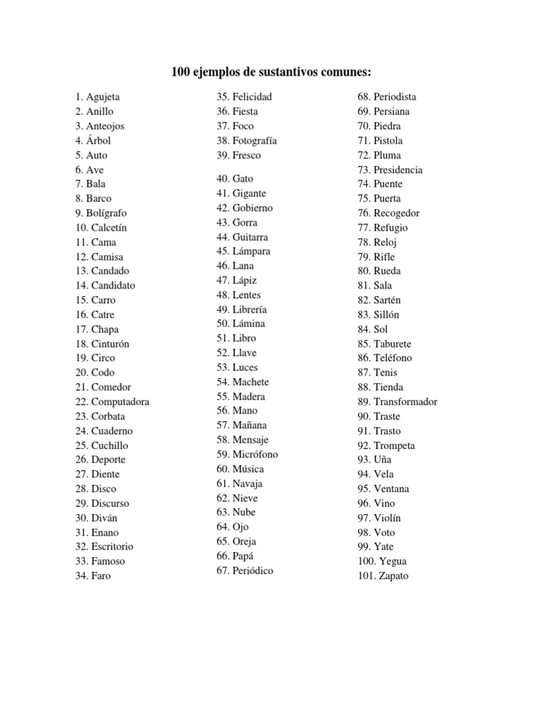100 Ejemplos de Sustantivos Comunes