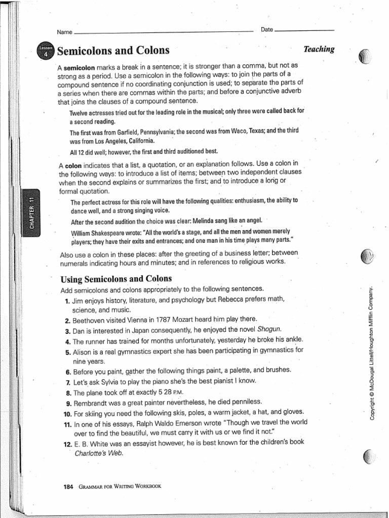 Semicolons and Colons Worksheet | PDF