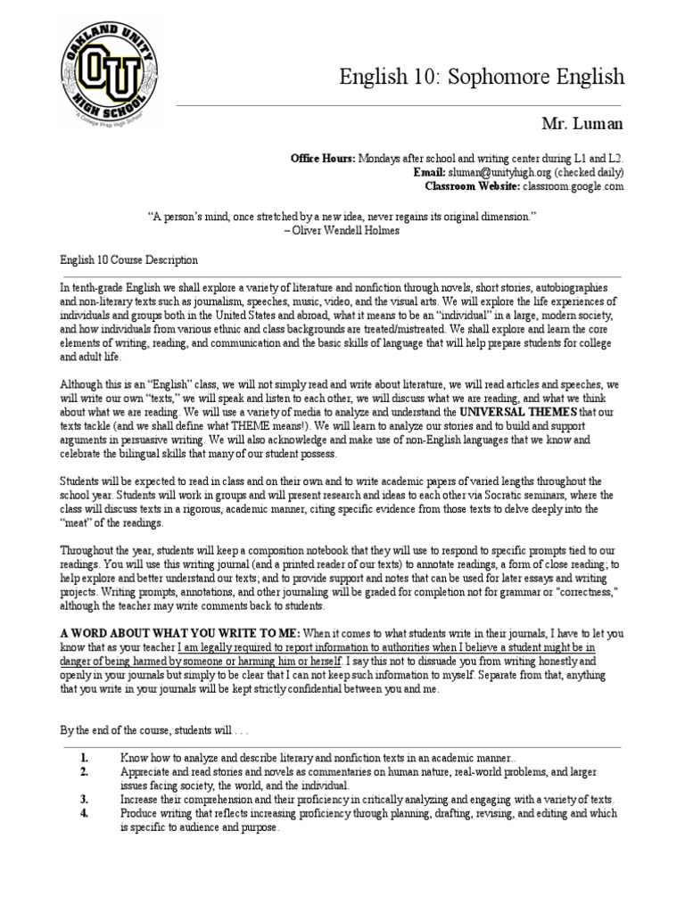 Sophomore English Course Overview | PDF | Reading (Process) | Plagiarism