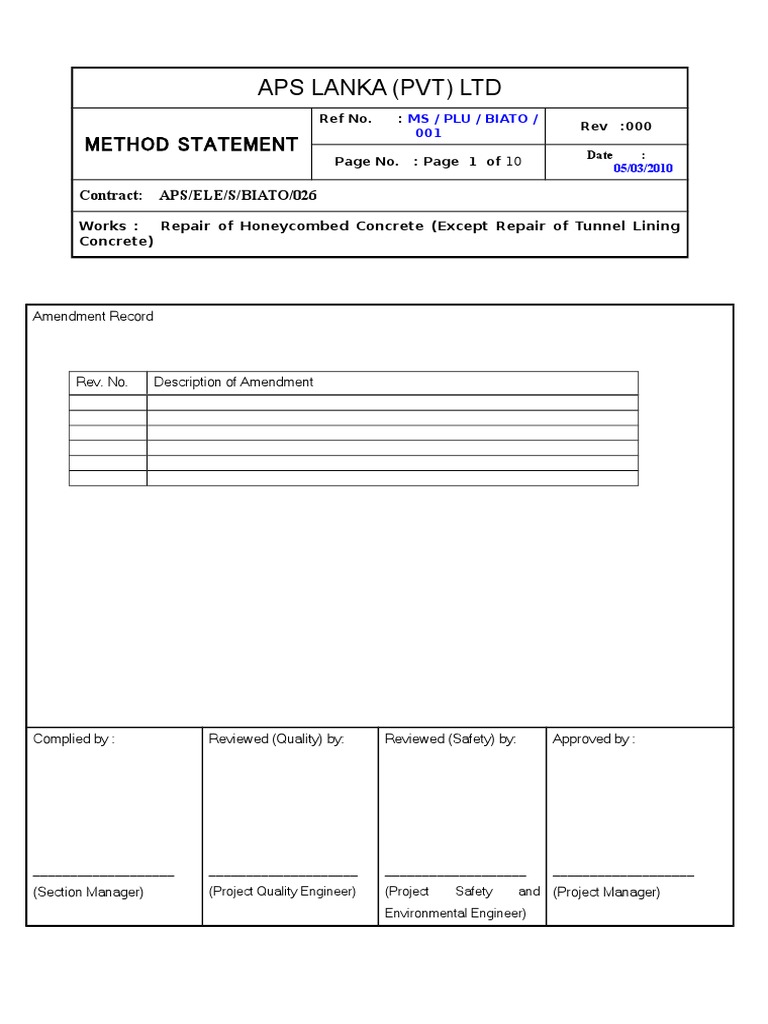Method of Statement For Honeycomb Repair | PDF | Concrete | Safety