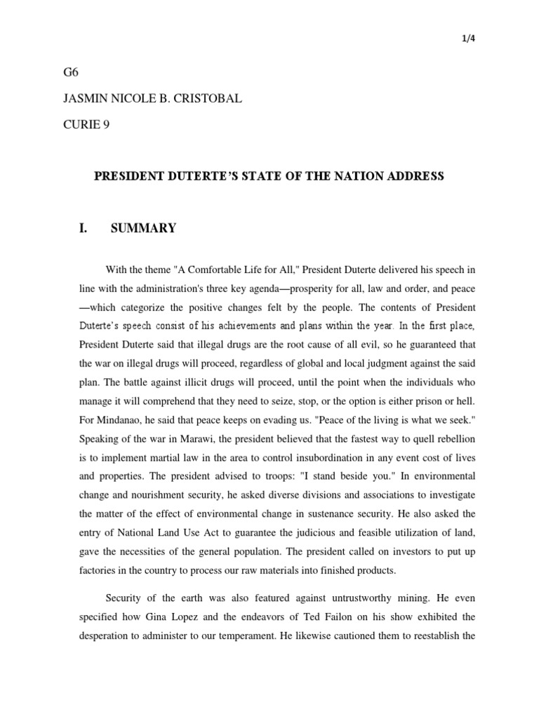 G6 Jasmin Nicole B. Cristobal Curie 9: President Duterte'S State of The ...