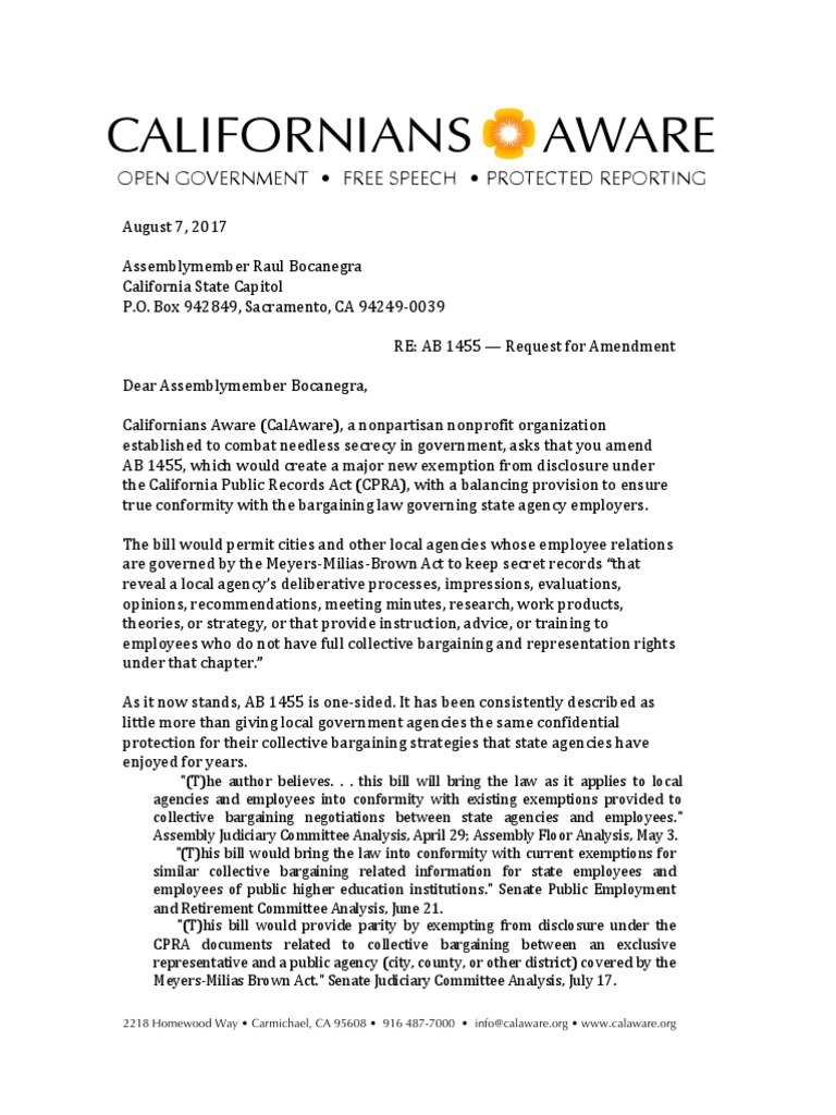 AB 1455 — Amendment Request | Collective Bargaining | Employment