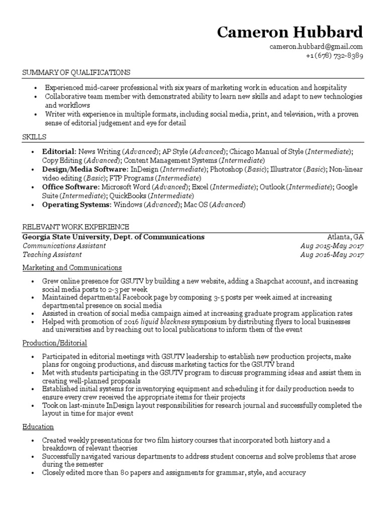 Cameron Hubbard Resume Marketing | PDF | Social Media | Popular Culture ...