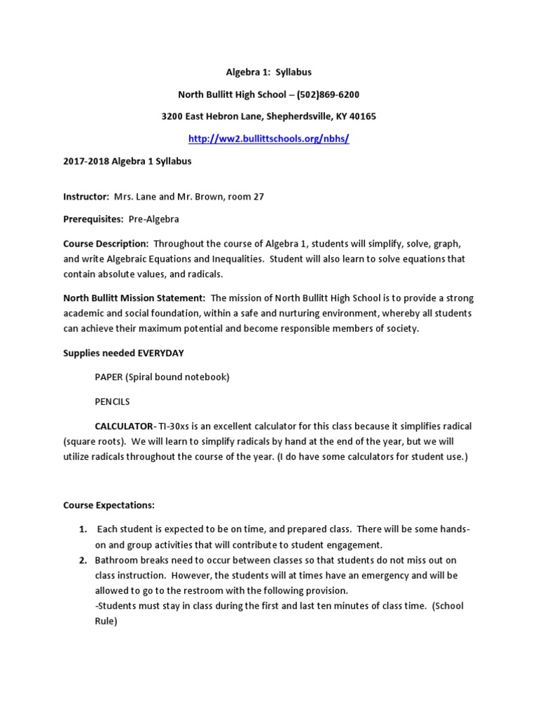 Algebra 1 Syllabus for Students | PDF | Homework | Teaching
