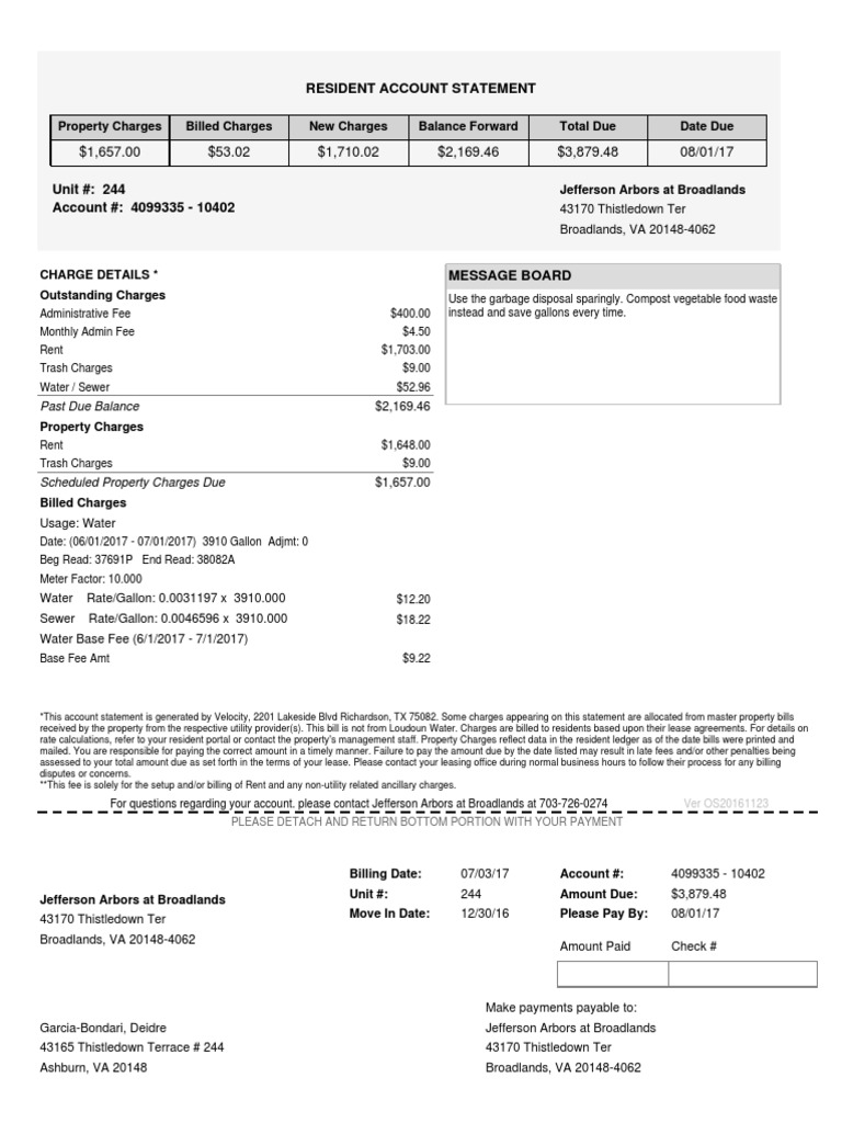 Resident Account Statement: Past Due Balance | PDF | Invoice | Fee