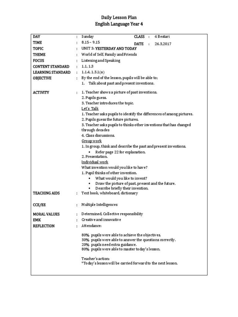 Daily Lesson Plan English Language Year 4 | PDF | Lesson Plan | Teachers