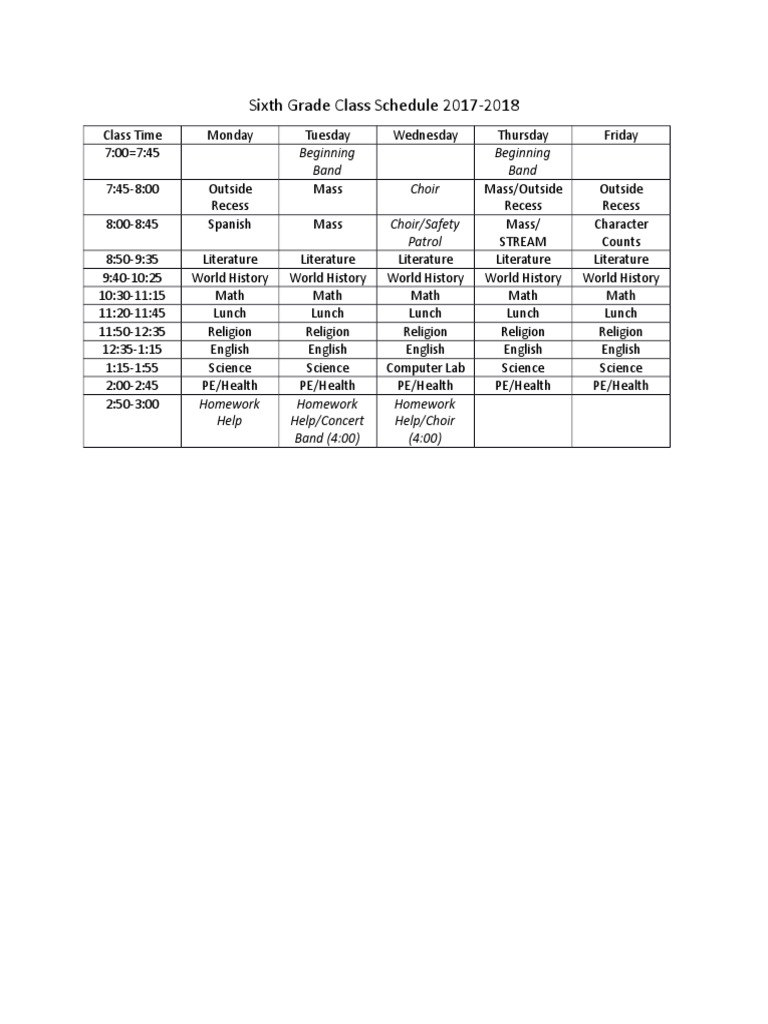 Sixth Grade Class Schedule 2017 2 | PDF
