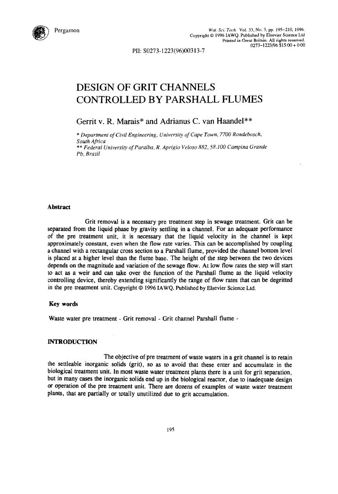 Design of Grit Channels Controlled by Parshall Flumes | PDF