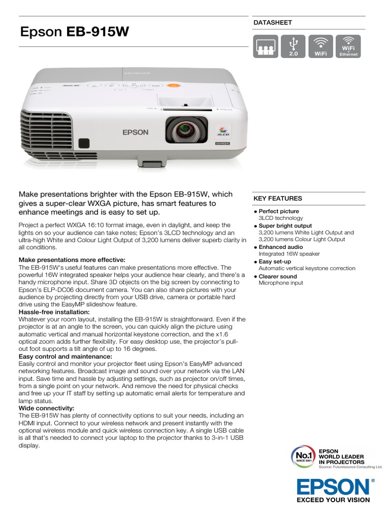 Epson EB 915W Datasheet | PDF | Usb | Hdmi